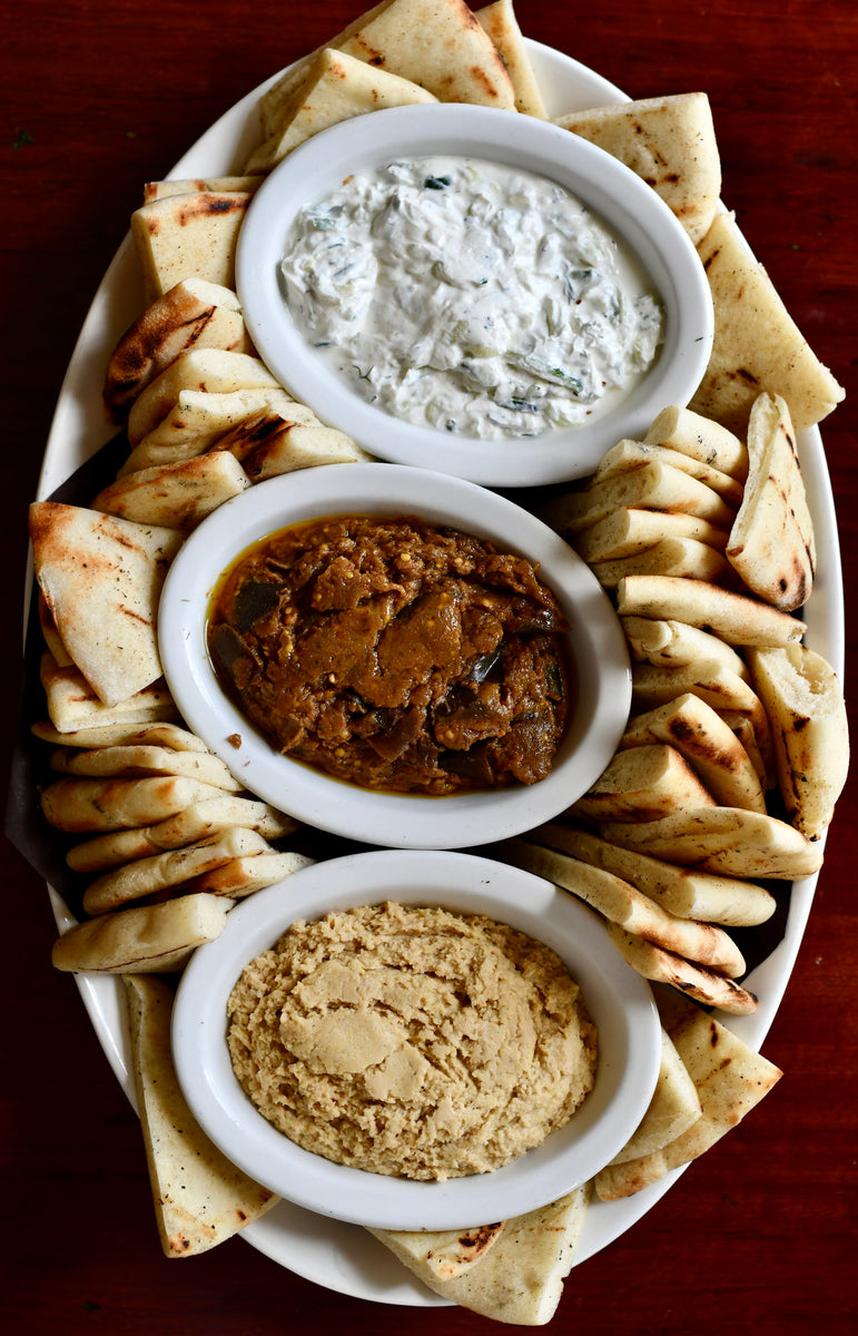 Tzatziki Platter with Eggplant Pickle, Hummus + Grilled Pita Wedges ...